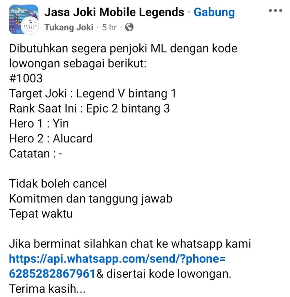 Lowongan Joki Mobile Legend Bagi yang Jago Main Game